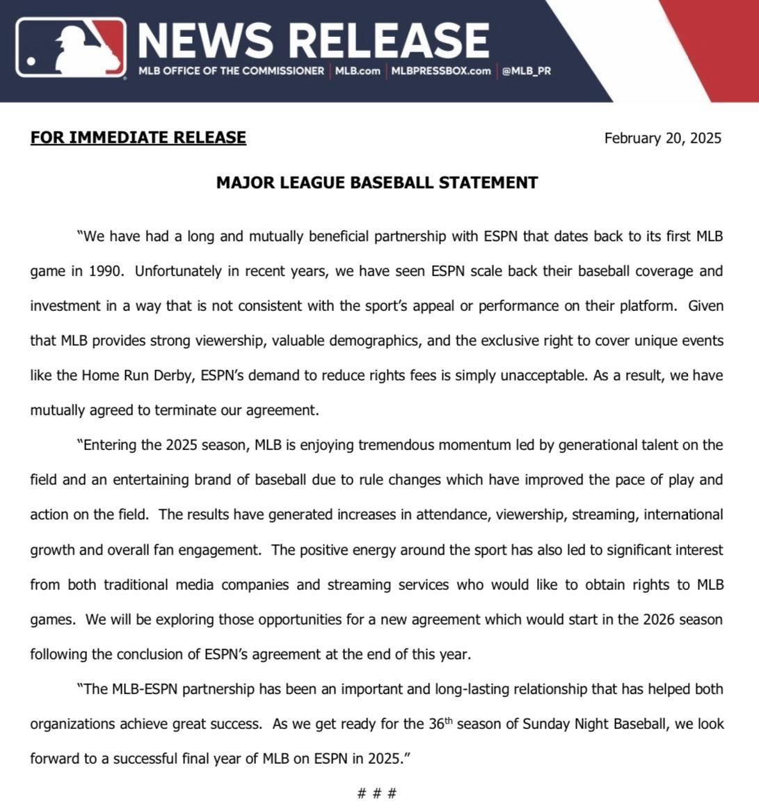 MLB announces mutual end of agreement with ESPN after 2025 – Jacob Benge